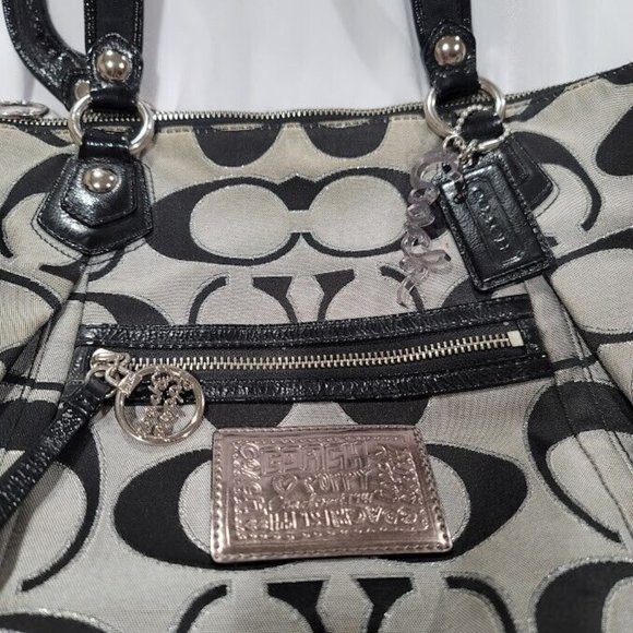 Coach | Bags | Coach Poppy Metallic Signature Shoulder Black Grey ...